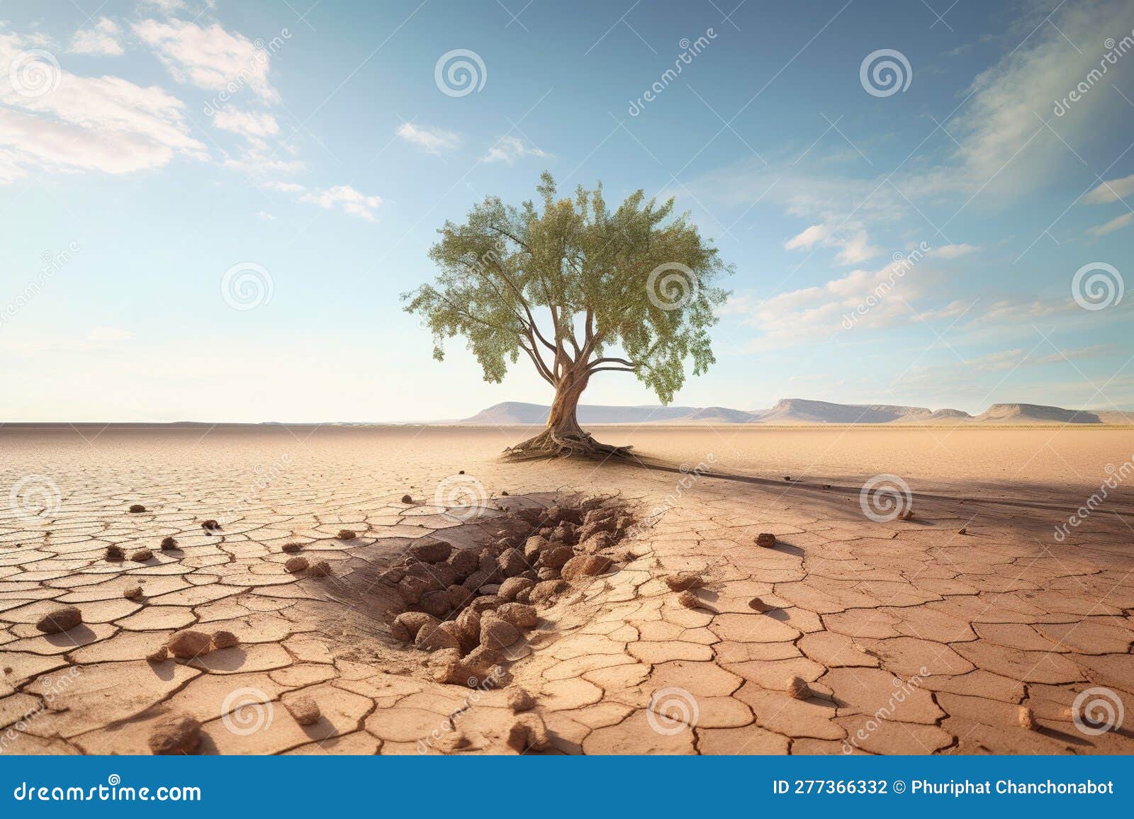 Single Tree in the Middle of a Broken Desert in Global Warming Concept ...
