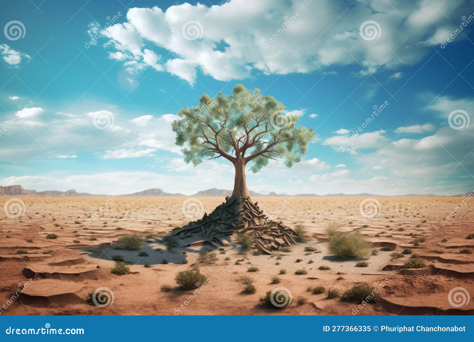 Single Tree in the Middle of a Broken Desert in Global Warming Concept ...