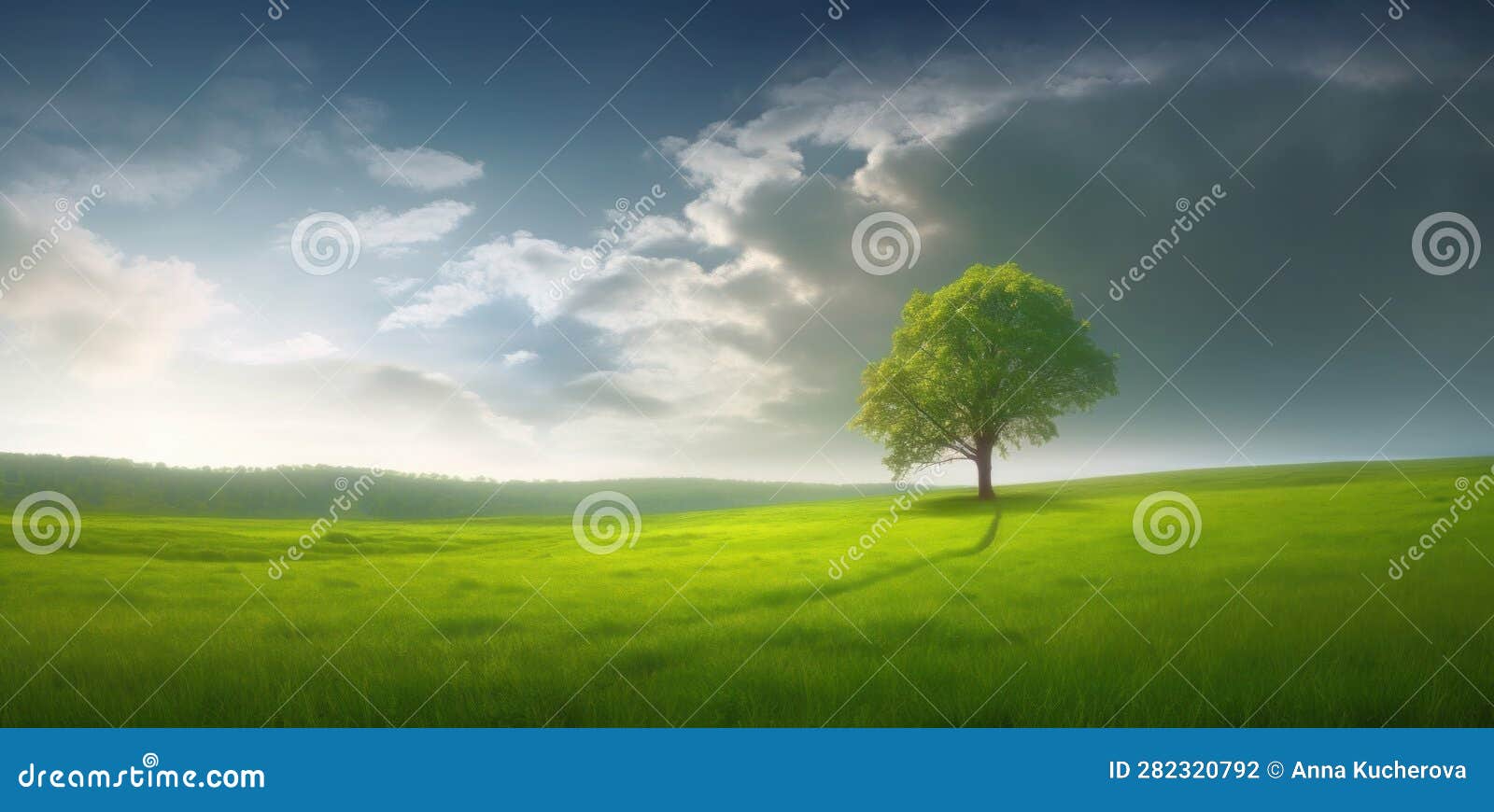 A Single Tree in the Midst of Lush Grassland, Landscape Panorama ...