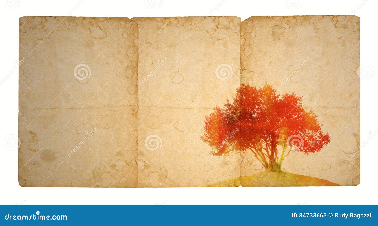 Single Tree in Red Tones on Ancient Stained Paper. with Copy Space ...