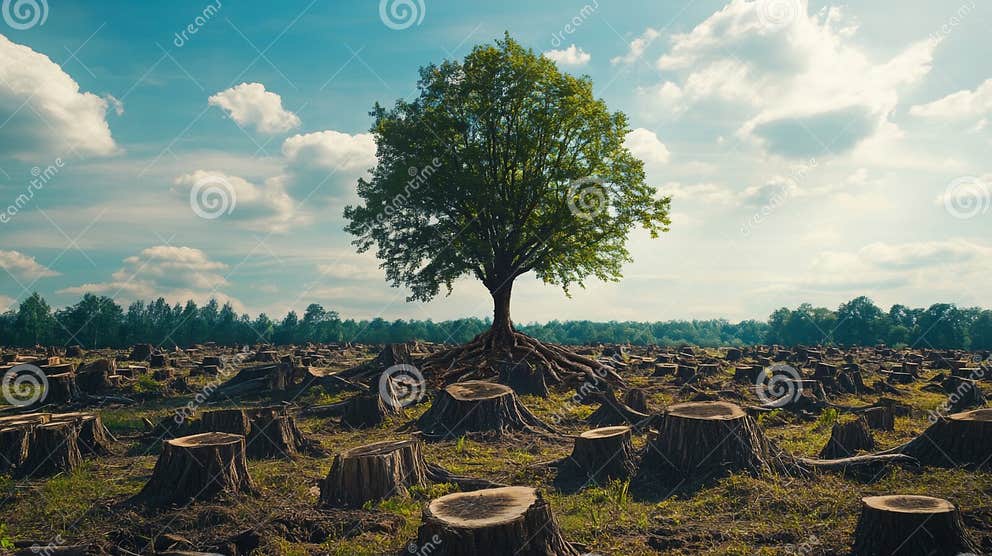 A Single Tree Standing among Numerous Tree Stumps in a Deforested Area ...