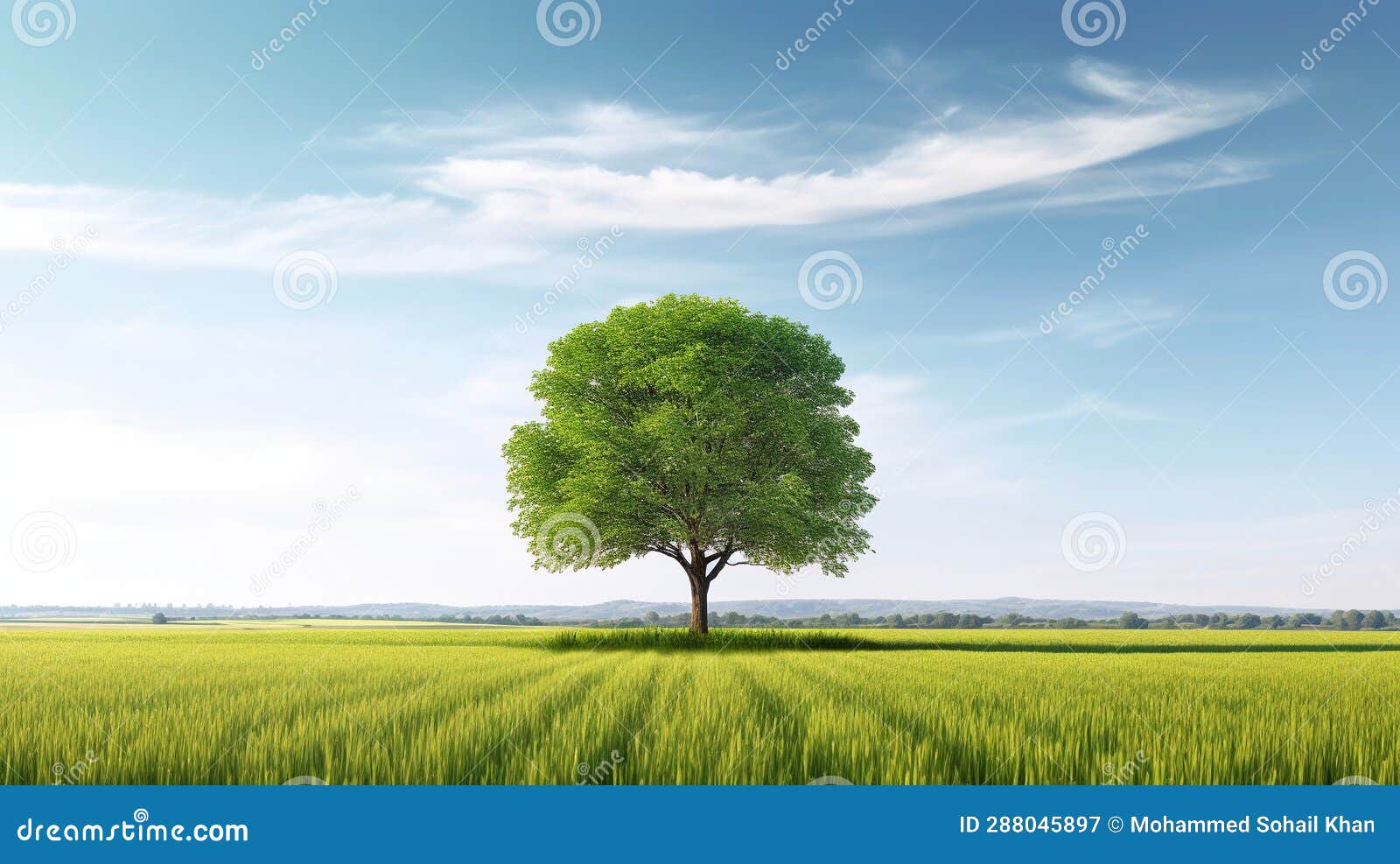 A Single Tree in a Vast Open Field Landscape Background AI Generative ...