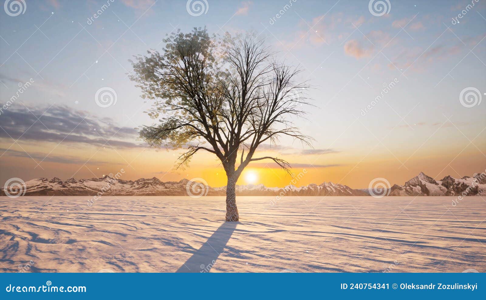 Single Tree Winter Spring on Sunset Nature Forest Landscape 3d Stock ...