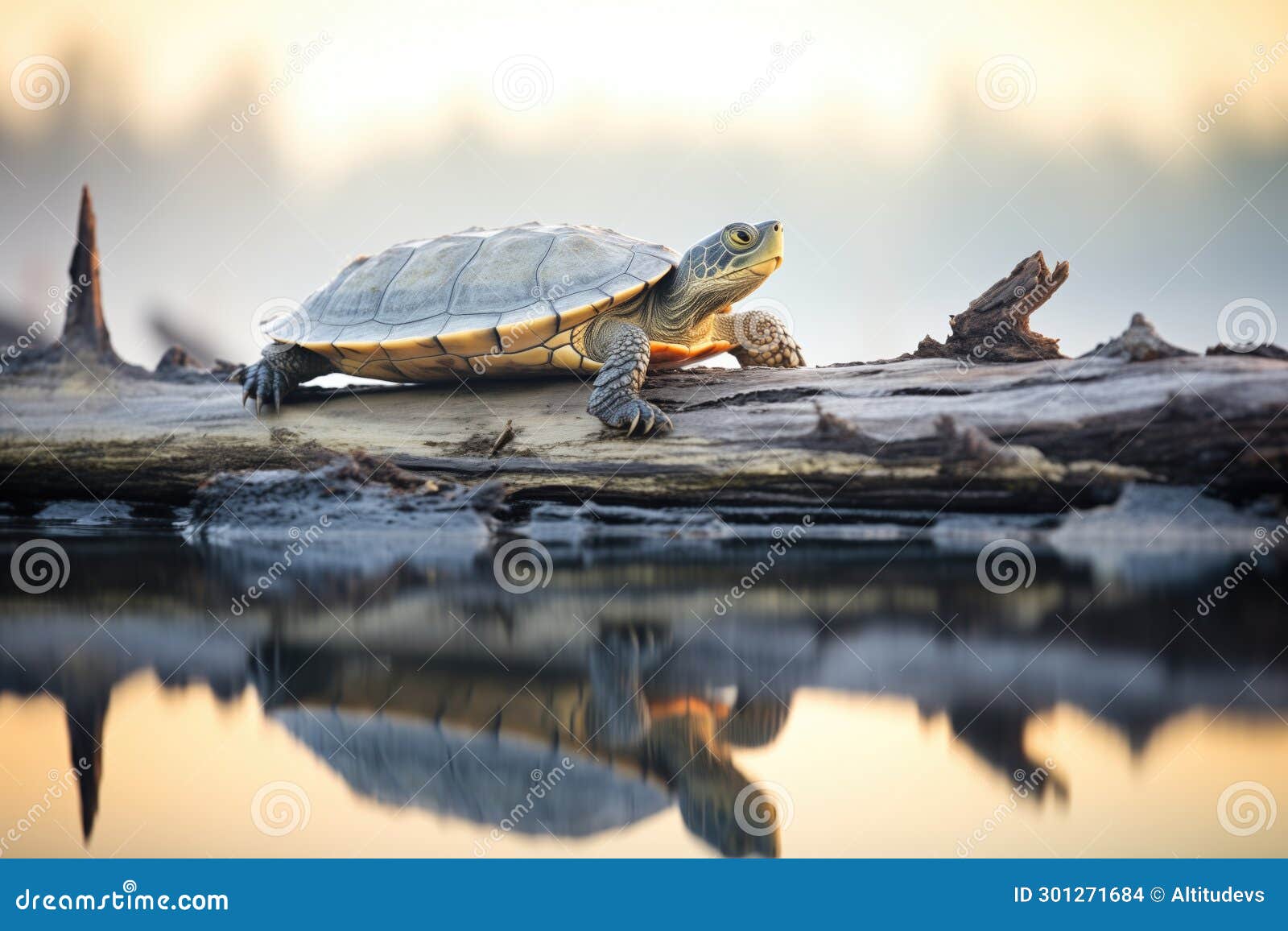 Single Turtle on a Half-submerged Log at Sunrise Stock Photo - Image of ...