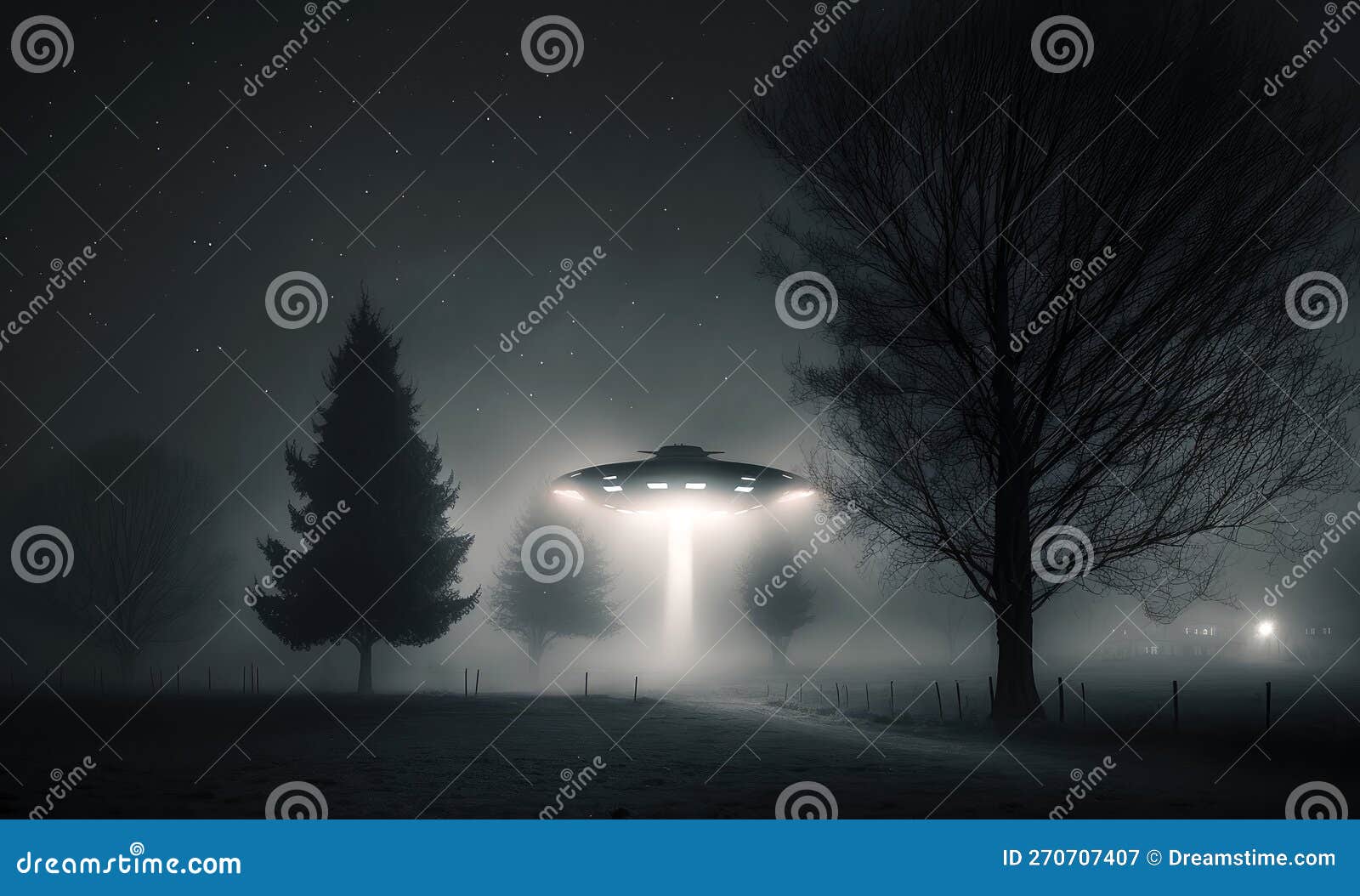 A Single UFO Seen with a Beam of Light through Trees Stock Illustration ...