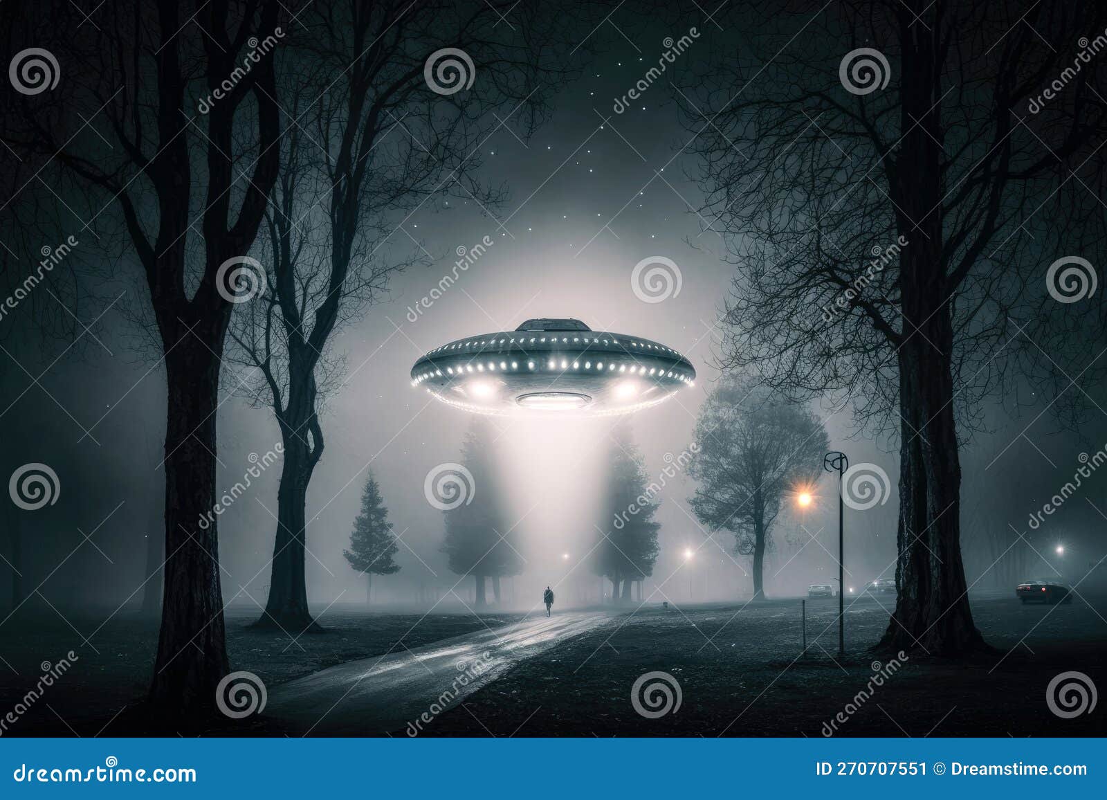 A Single UFO Seen with a Beam of Light through Trees Stock Illustration ...