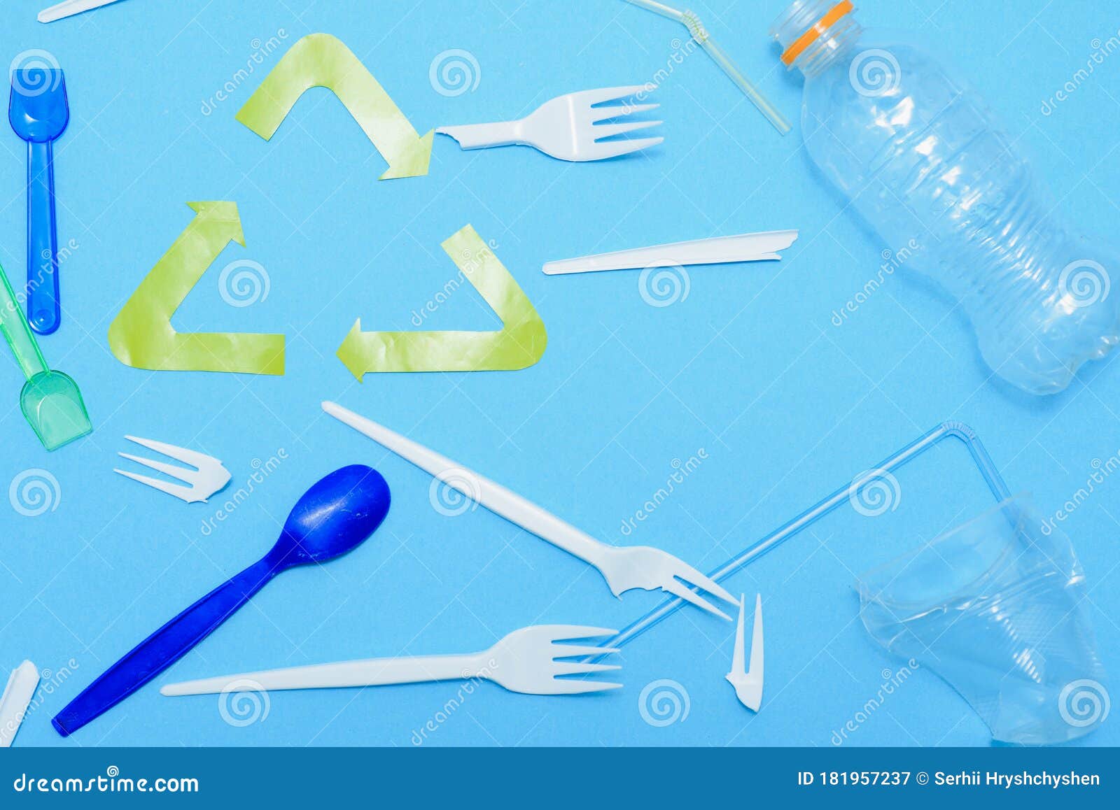 Single Use, Disposable Tableware and Recycling Sign on Background ...