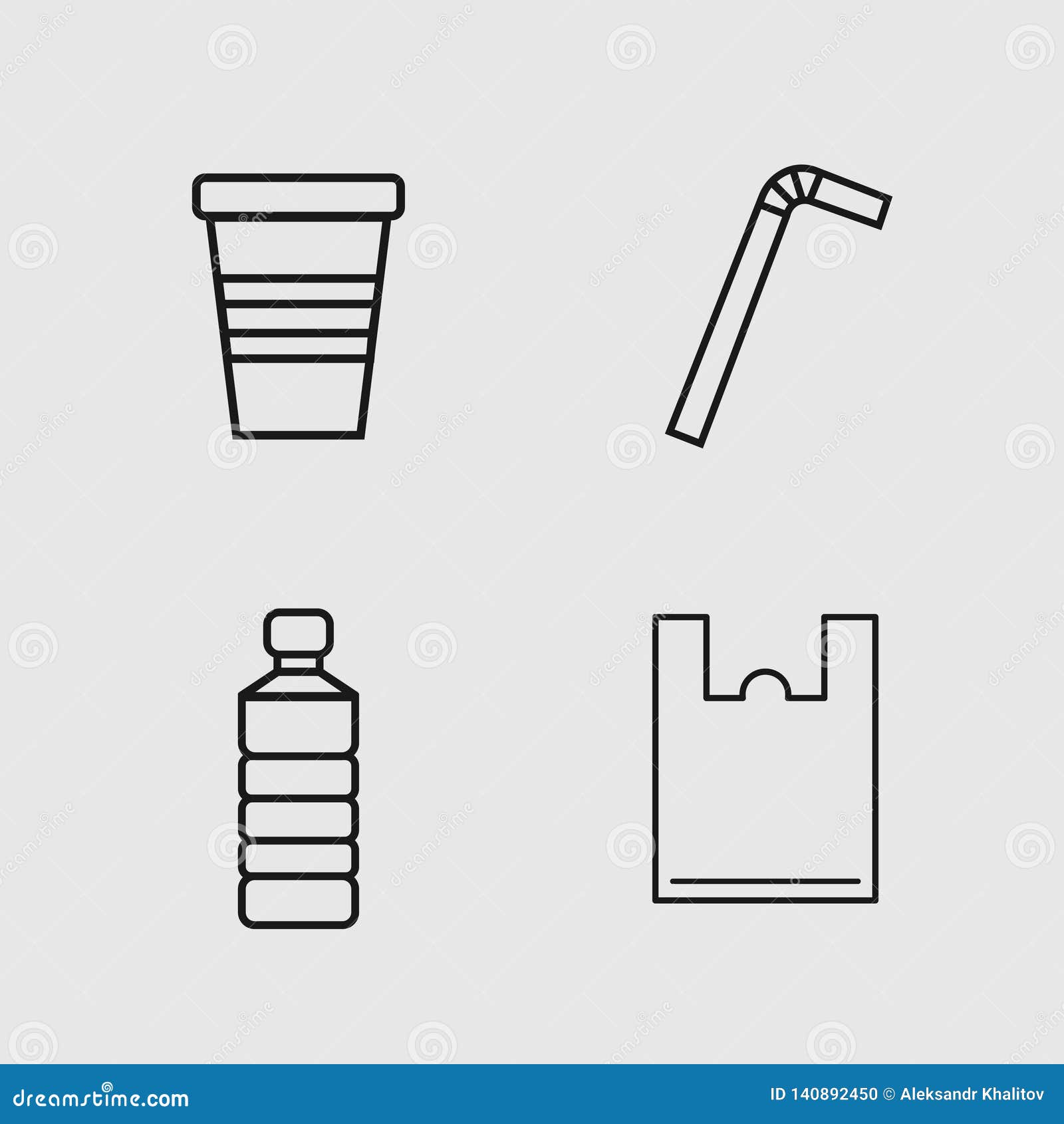 Single Use Plastic Set, Bag, Straw, Cup and Bottle. Simple Design Stock ...