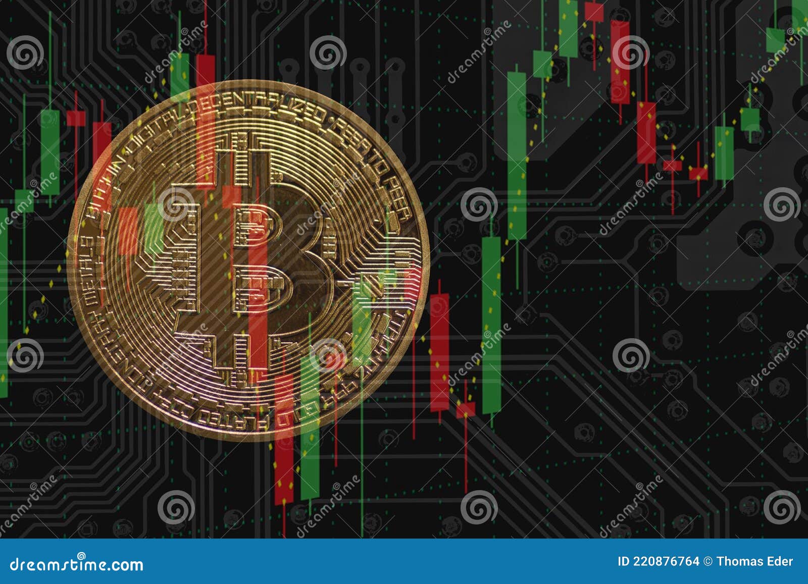 Single Valuable Golden Bitcoin with a Chart and a Electrical Circuit ...