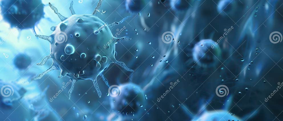 A Single Virus Cell Surrounded by Other Cells in a Blue Fluid Stock ...