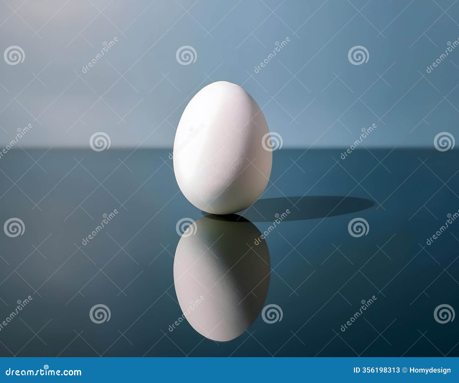A Single White Egg Standing Upright on a Reflective Surface with a Soft ...