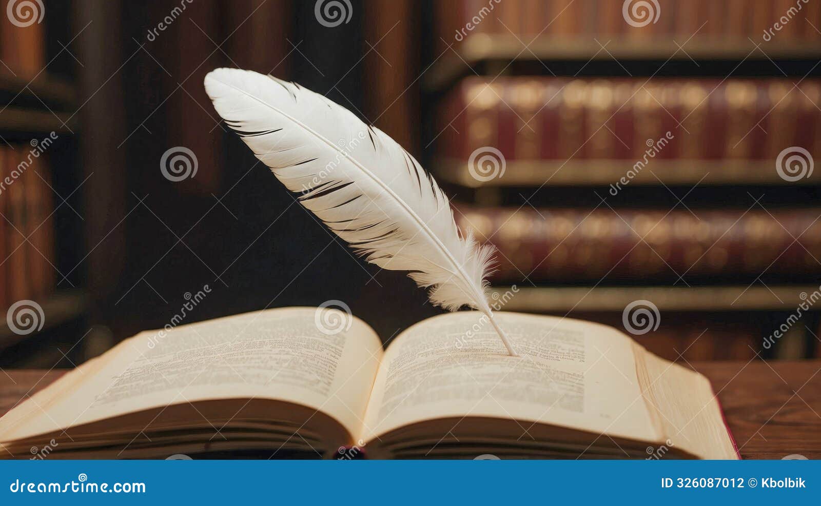 A Single White Quill Resting on an Open Book in a Library, Representing ...