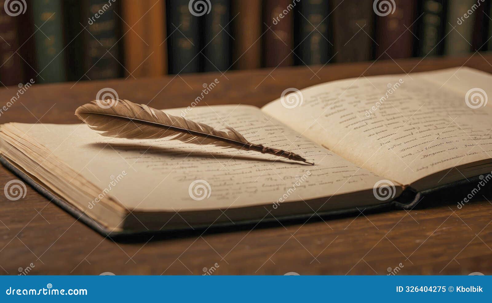 A Single White Quill Resting on an Open Book in a Library, Representing ...