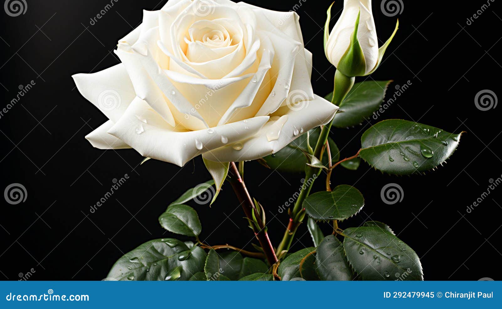A Single White Rose with Green Leaves on Black Background Stock ...