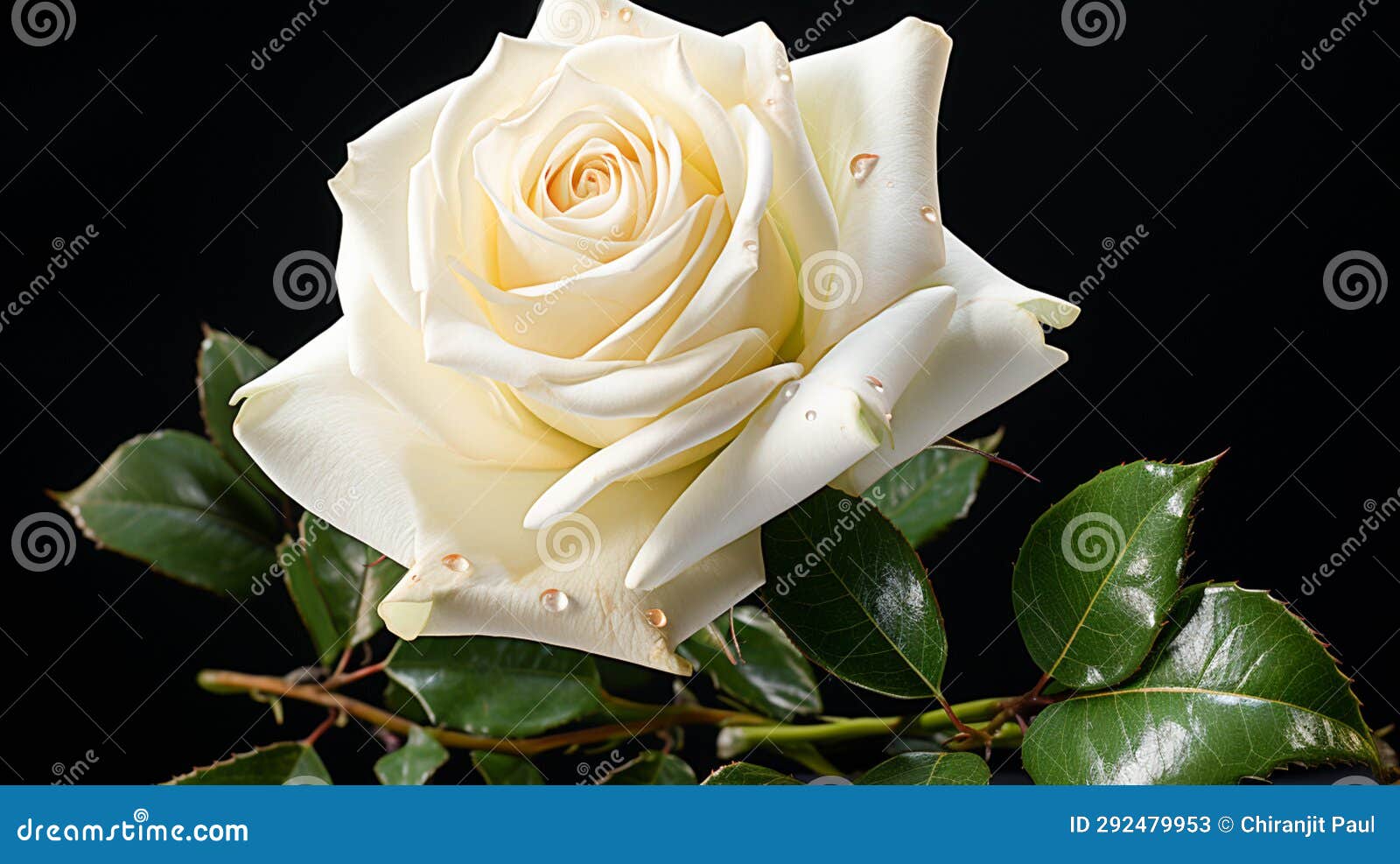 A Single White Rose with Green Leaves on Black Background Stock Image ...