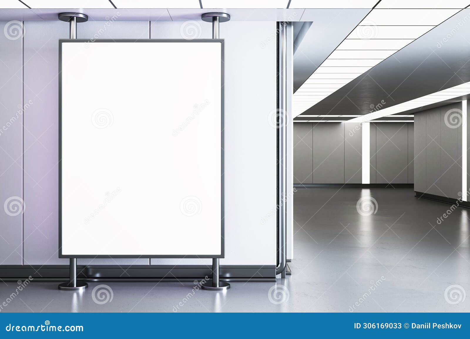 Single White Screen on Metallic Stand in Minimalist Corridor, Digital ...