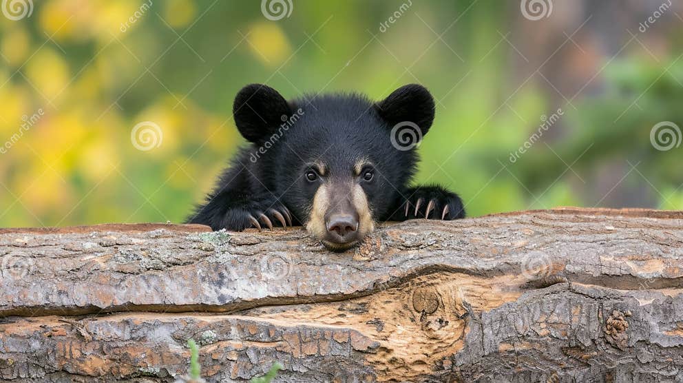 Single Wild Black Bear Behind the Log Stock Photo - Image of face ...