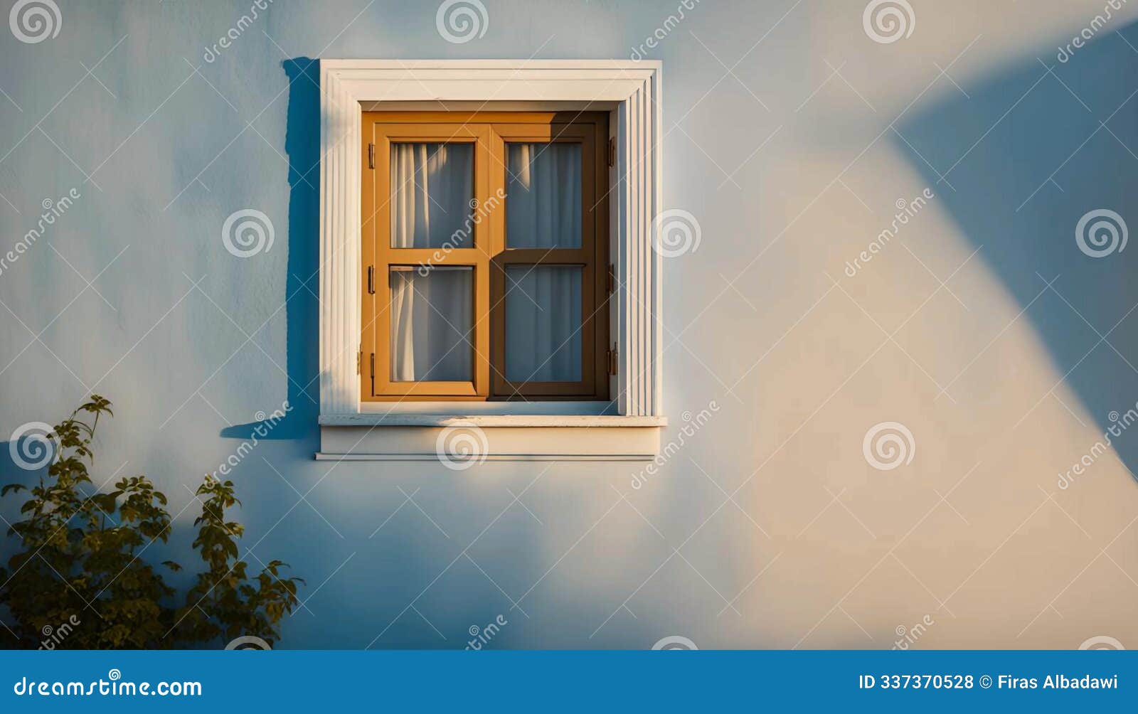 A Single Window with Wooden Frame on a Blue Wall with a Shadow. Stock ...