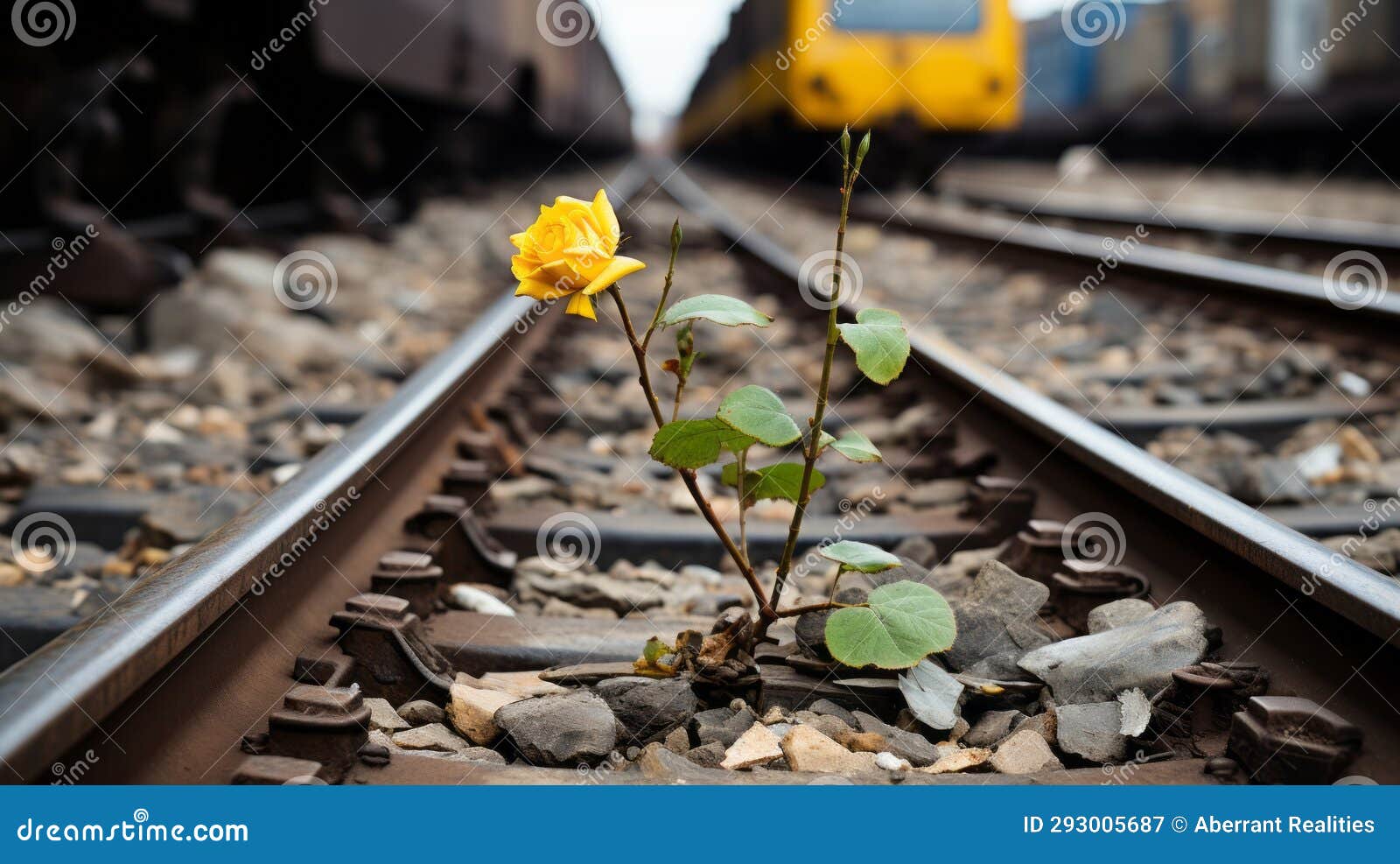 A Single Yellow Rose is Growing on the Side of a Train Track Stock ...