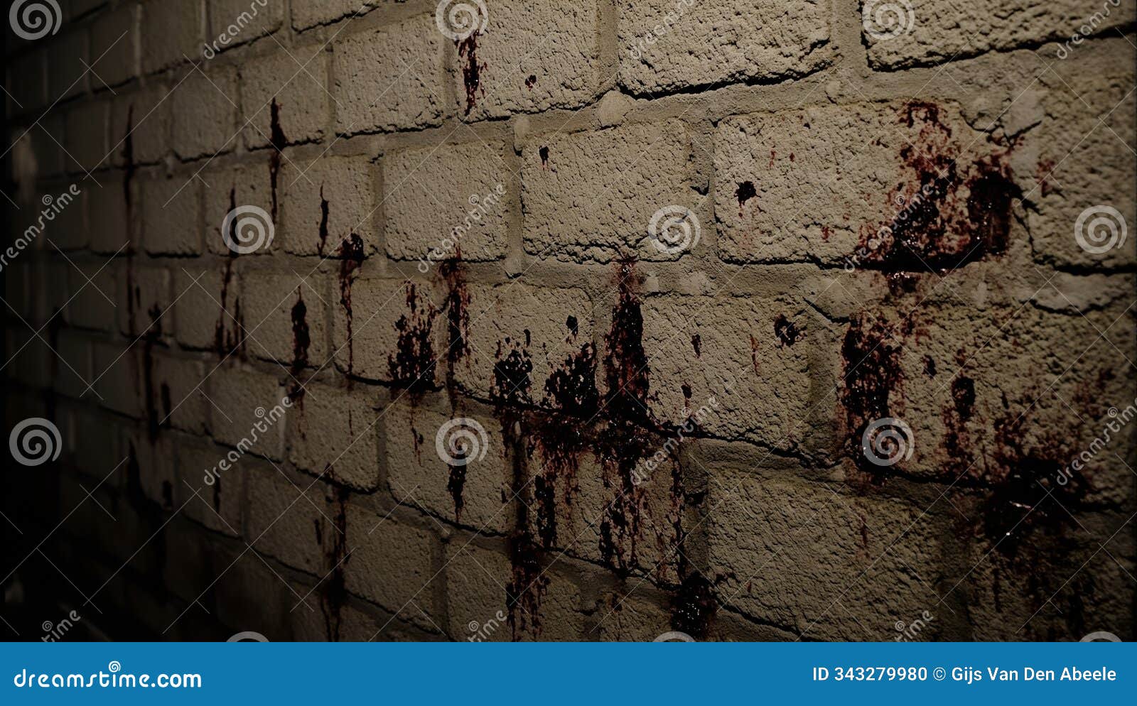Sinister Cinder Block Wall with Dried Blood Stains in Dimly Lit ...