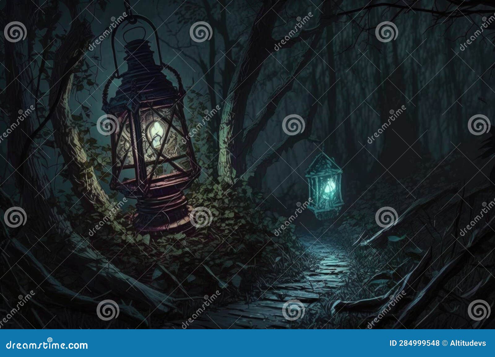 Sinister Forest Trail with Broken Lantern and Murder Weapon Visible in ...