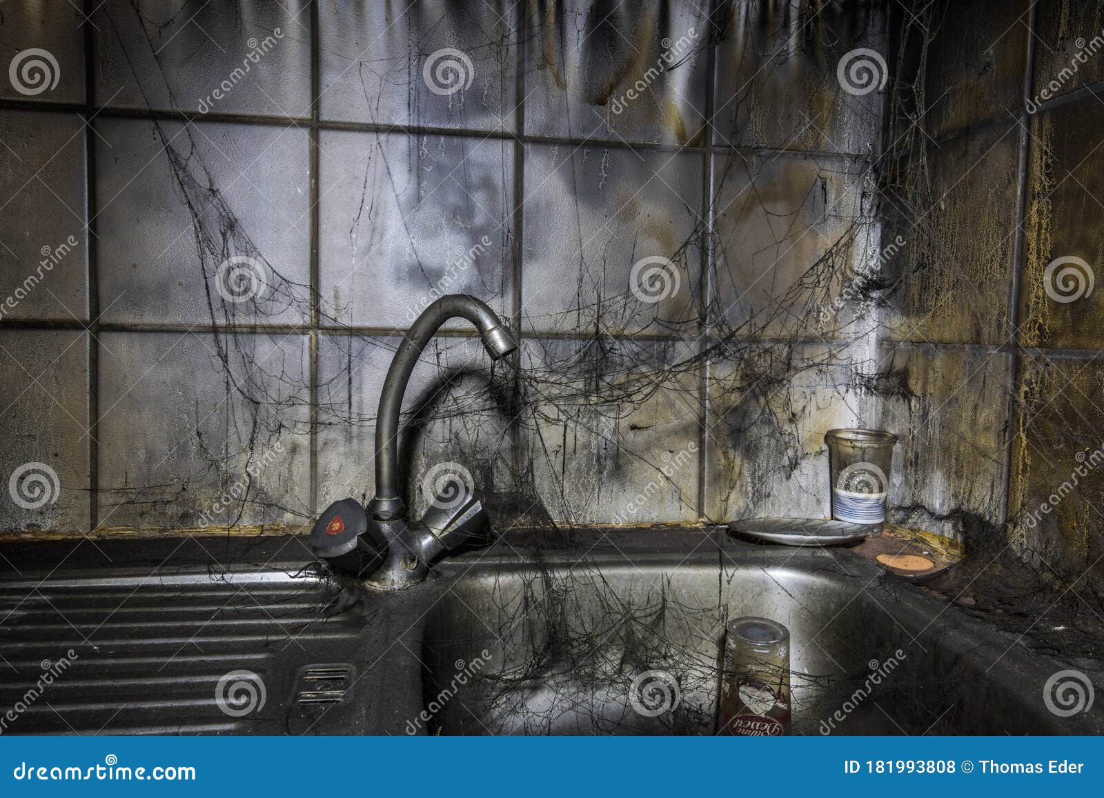Sink with Faucet and Cobwebs in a House Stock Photo - Image of oblivion ...