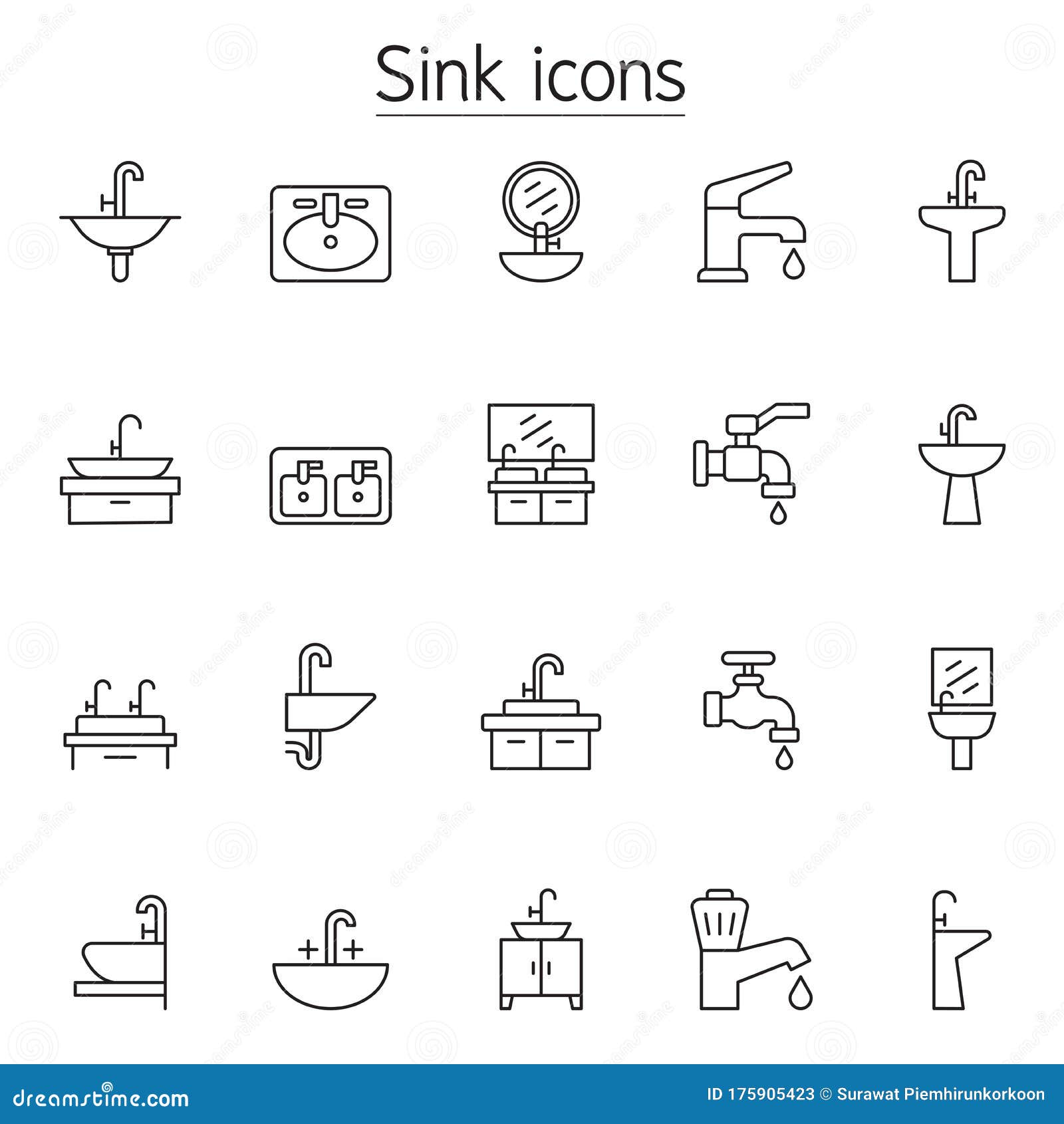 Sink & Faucet Icon Set in Thin Line Style Stock Illustration ... Sink & Faucet Icon Set in Thin Line Style Stock Illustration ...