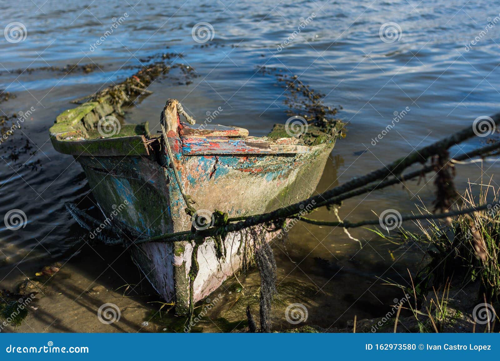 Sinked Old Abandoned Boat in the Water Stock Photo - Image of shoreline ...