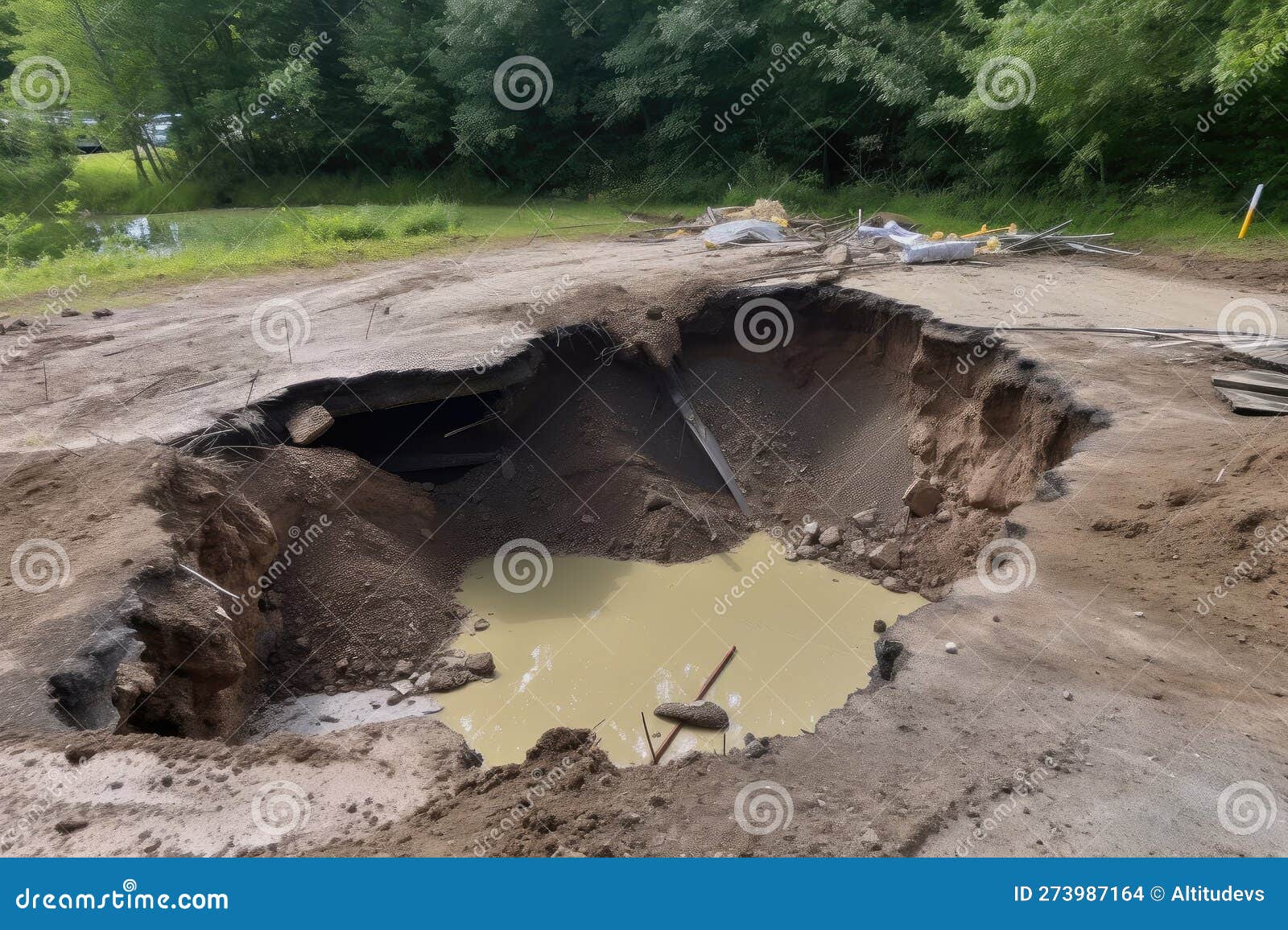 Sinkhole with Debris and Rubble Spilling into the Bottomless Pit Stock ...