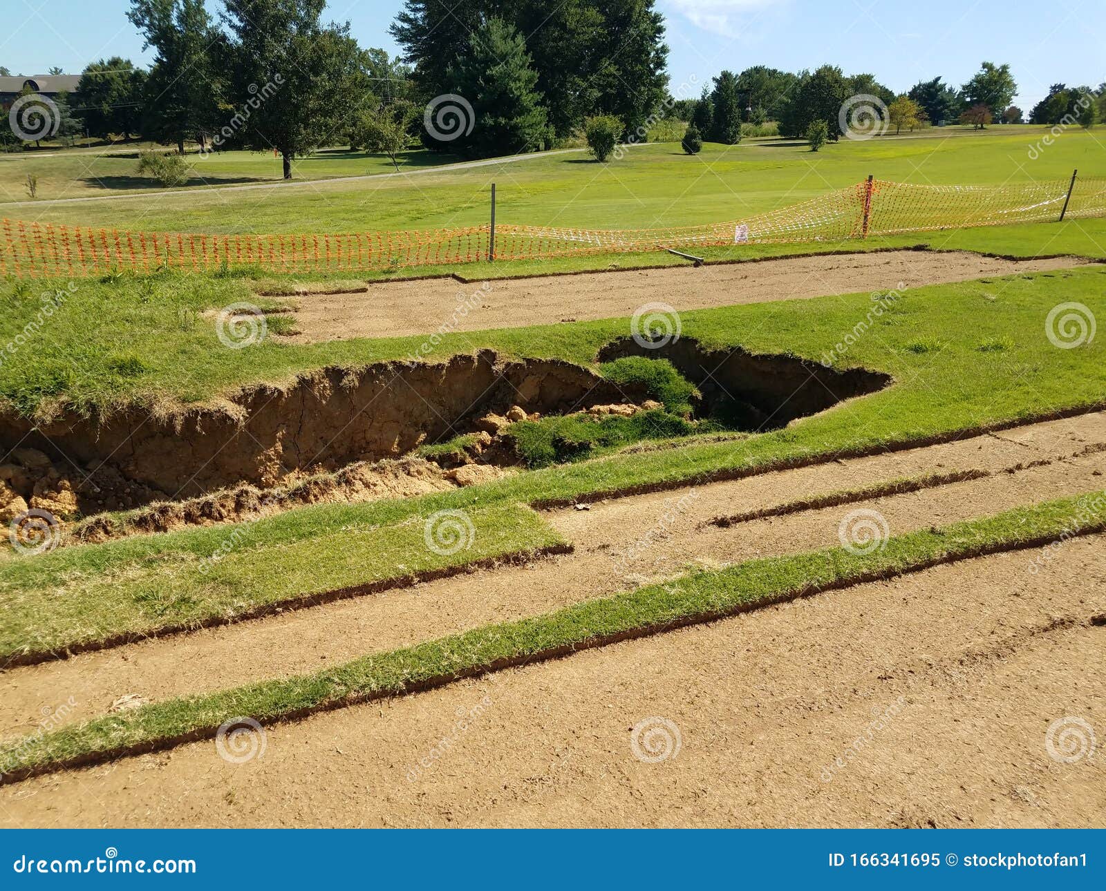 Sinkhole or Erosion in Grass and Dirt on Golf Course Stock Image ...