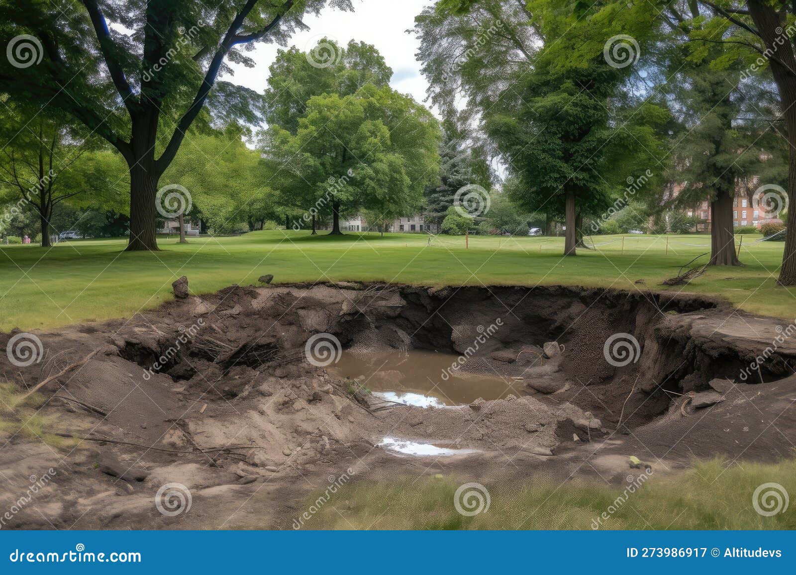 Sinkhole Forming in the Middle of a Park, with Debris and Mud Visible ...