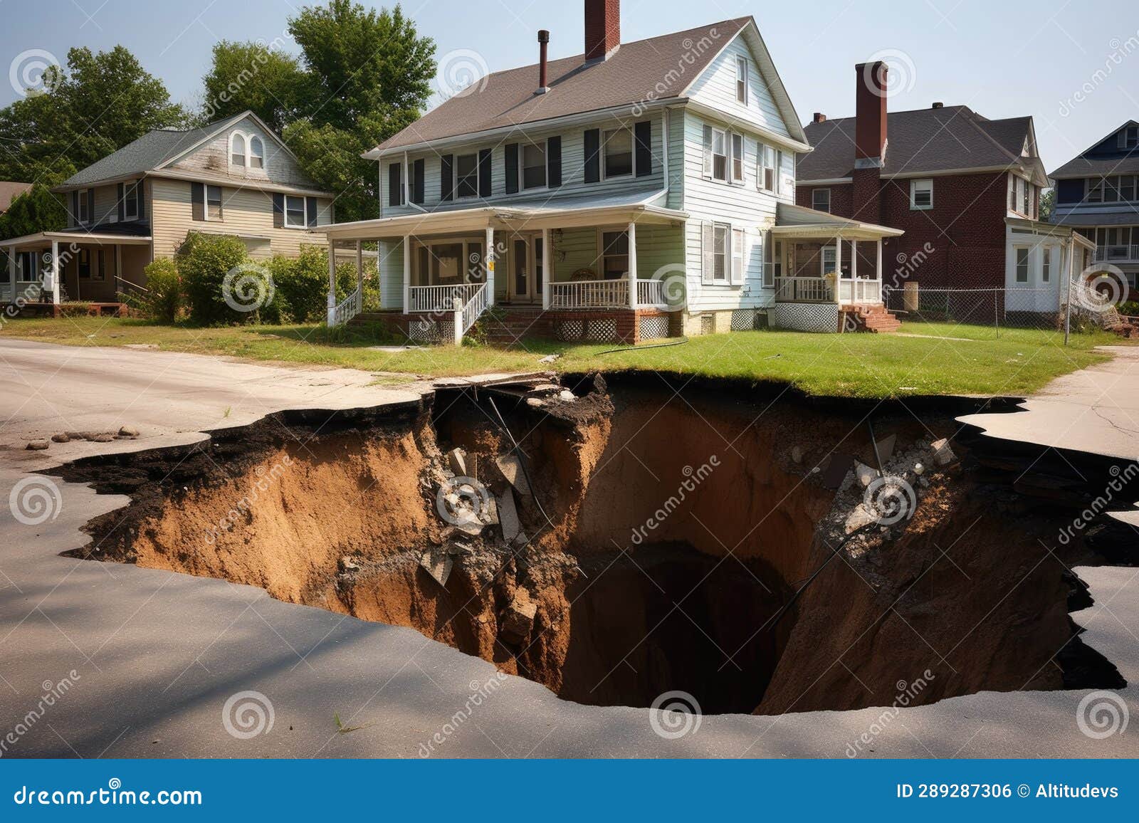 Sinkhole Forming Near a Damaged, Empty House Foundation Stock ...