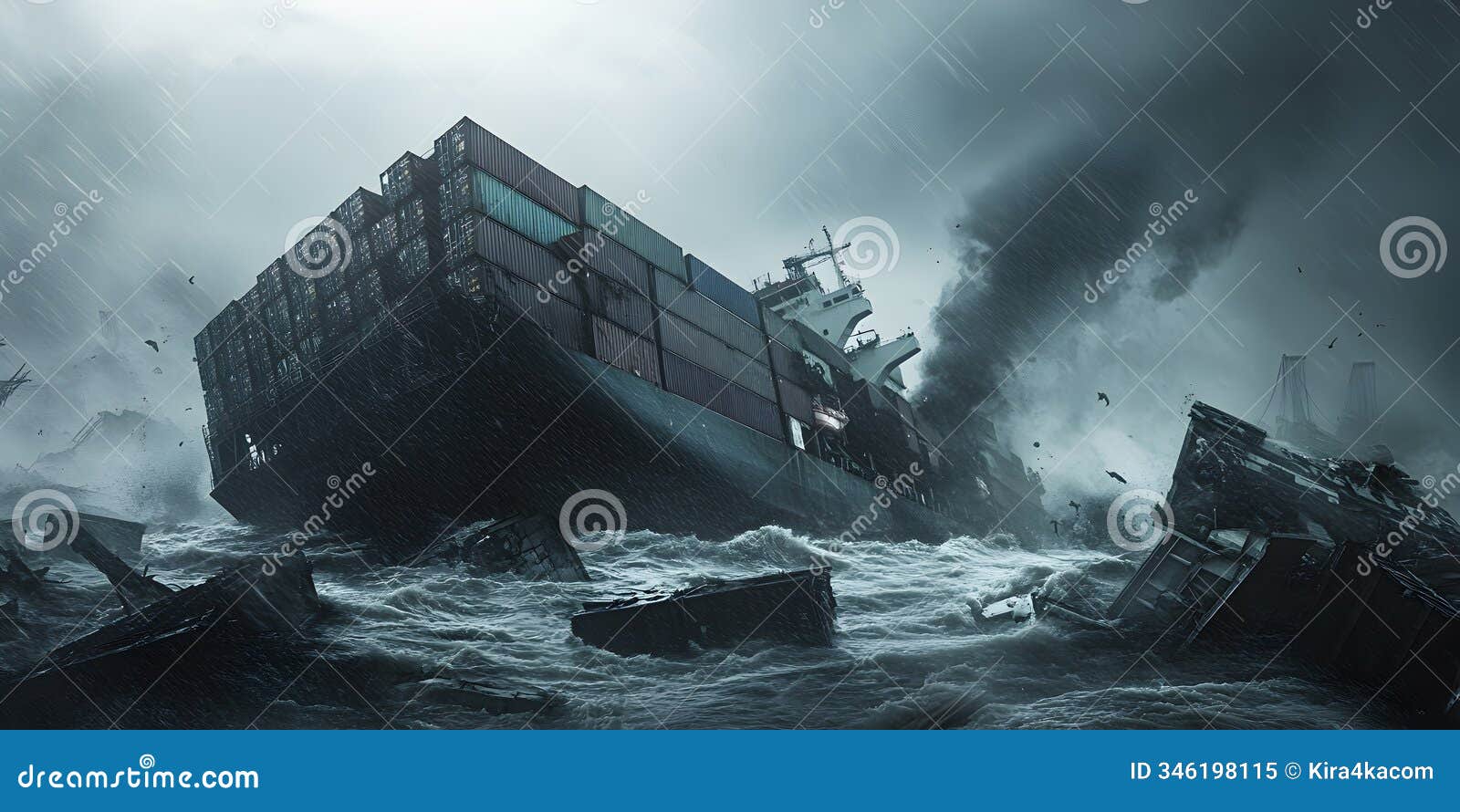 A Sinking Cargo Ship with Containers during a Storm in the Ocean ...