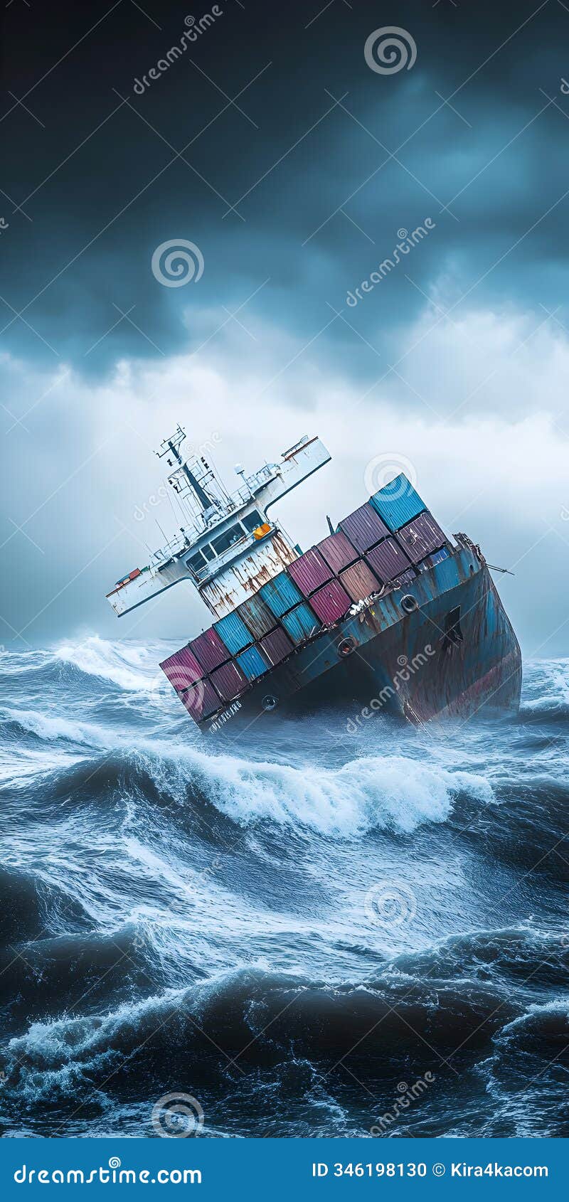 A Sinking Cargo Ship with Containers during a Storm in the Ocean ...