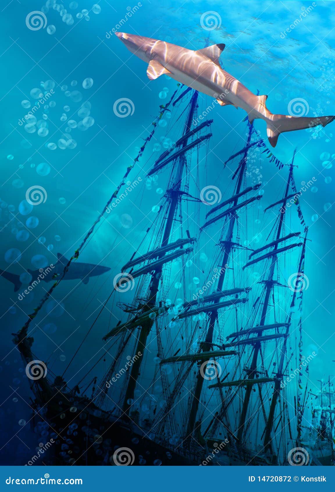 Sinking Ship on Sea Bottom and Sharks Stock Photo - Image of aquatic ...