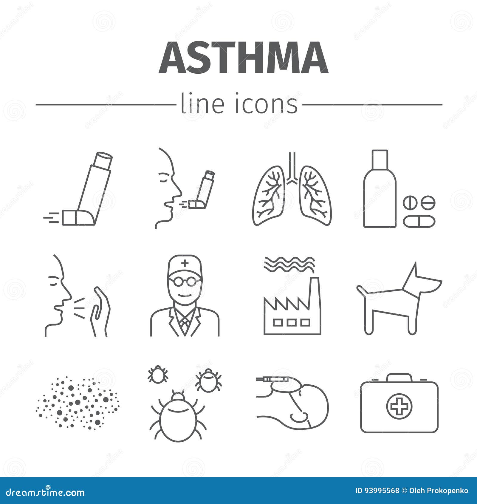 Sintomas E Símbolos Da Asma Linha ícones Da Asma Ajustados Ilustração ...