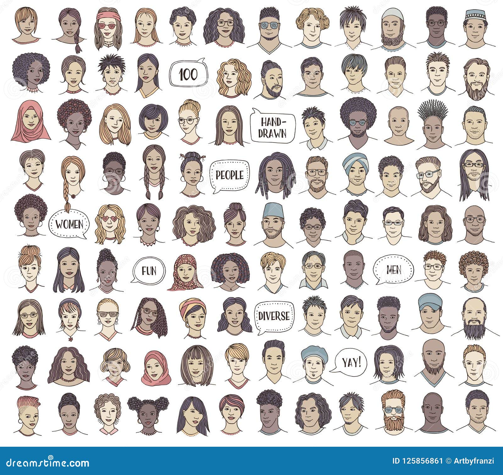 Sistema De 100 Caras Dibujadas Mano Ilustración del Vector ...