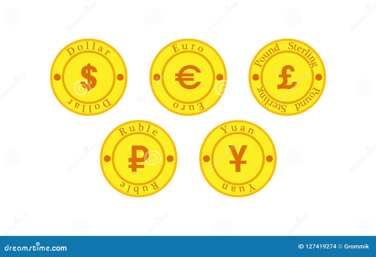 Sistema De Cinco Monedas Con Símbolos De Moneda Stock de ilustración ...