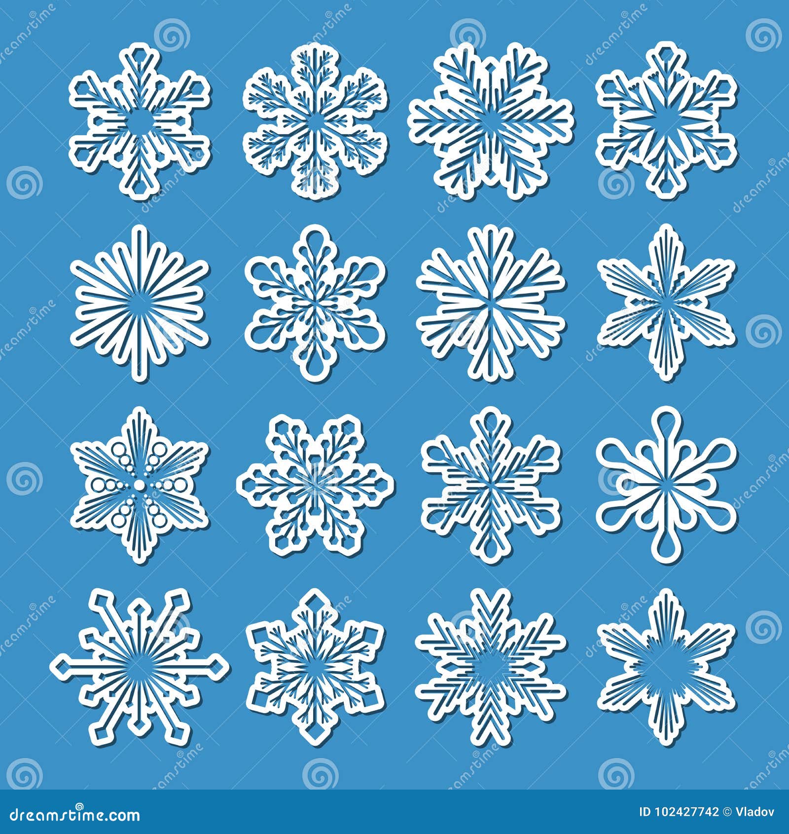 Sistema De 16 Copos De Nieve Del Vector Ilustración del Vector ...