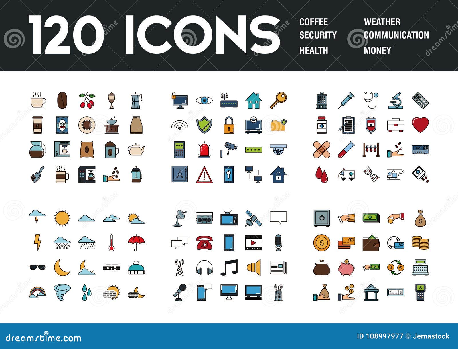 Sistema De 120 Iconos Con Diversos Temas Ilustración del Vector ...