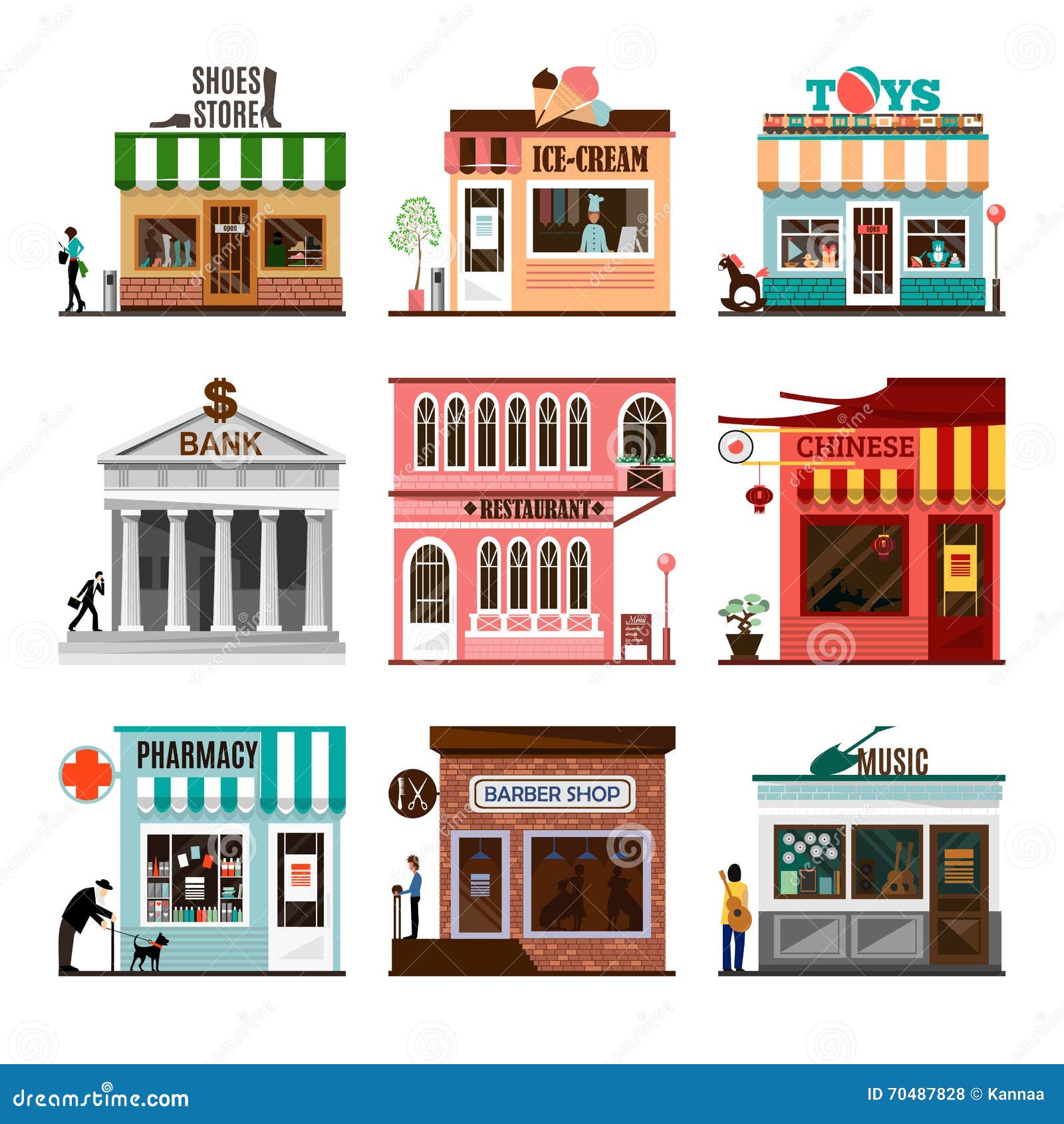 Sistema De Iconos Planos De Las Fachadas Del Edificio Comercial Del ...
