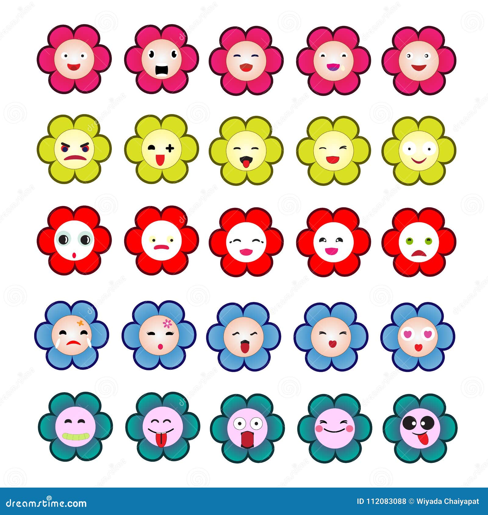 Sistema De La Flor Linda Con Los Emoticons Stock de ilustración ...