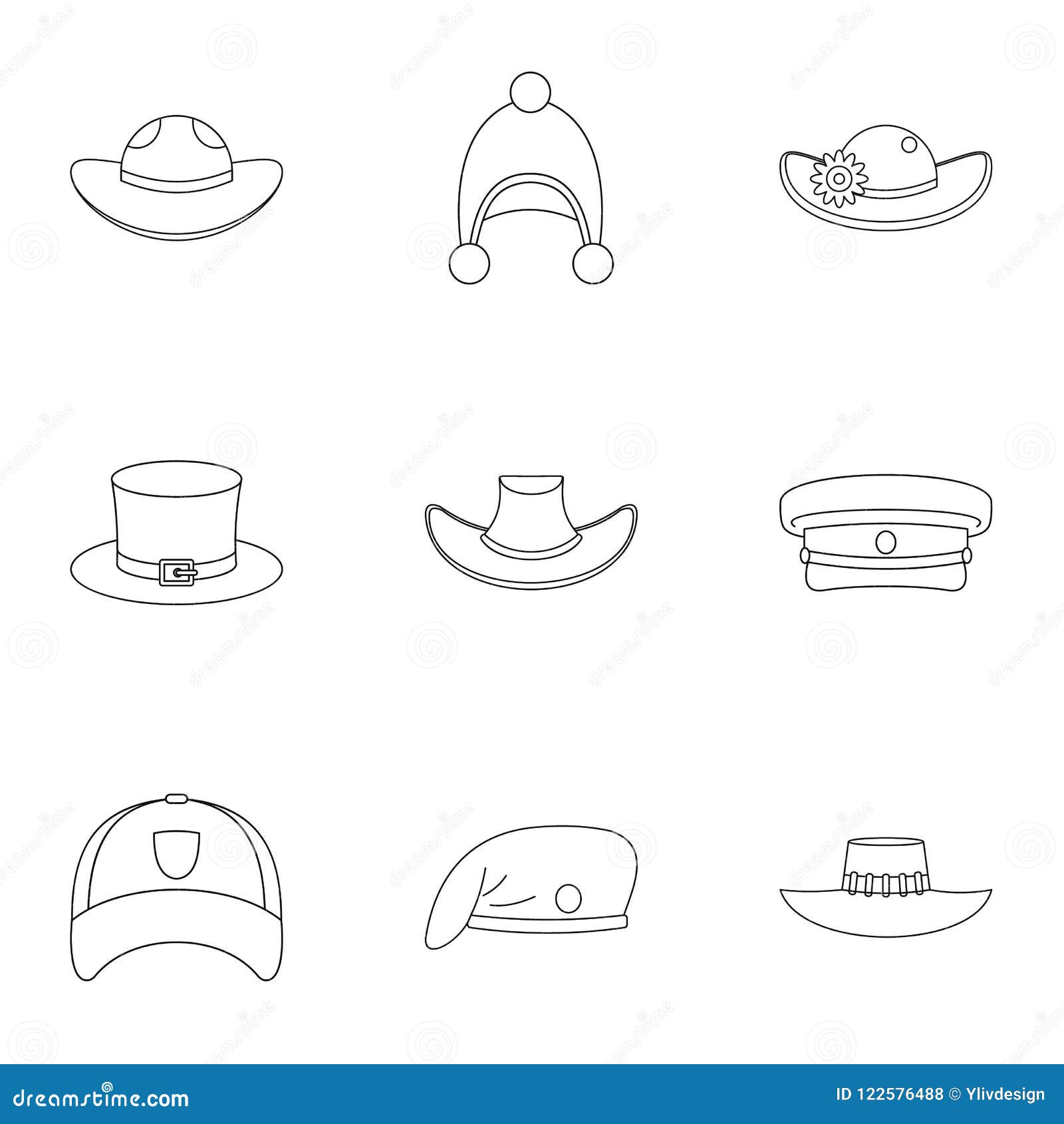 Sistema Del Icono Del Sombrero, Estilo Del Esquema Ilustración del ...