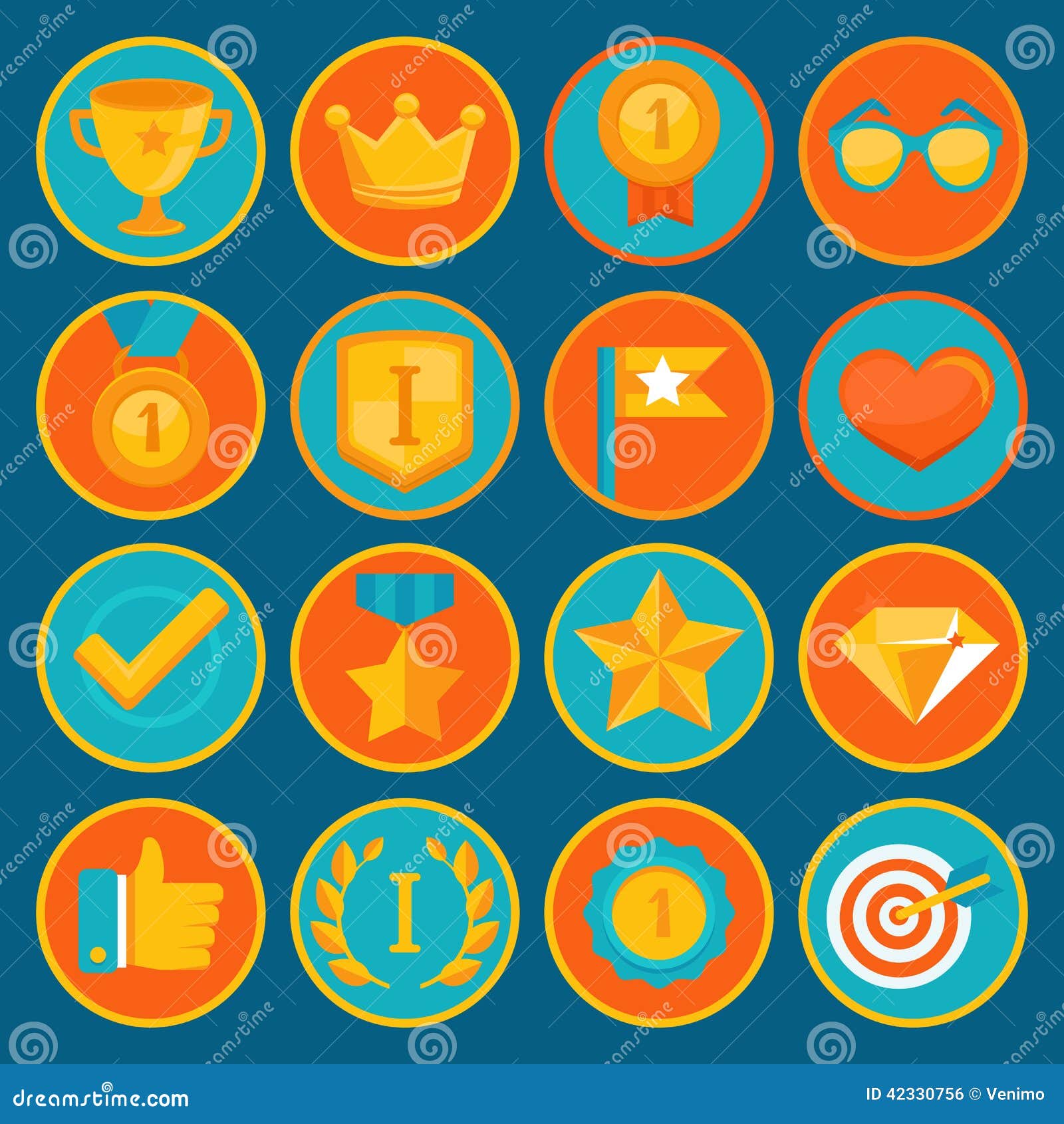 Sistema Del Vector De 16 Iconos Planos Del Gamification Ilustración del ...