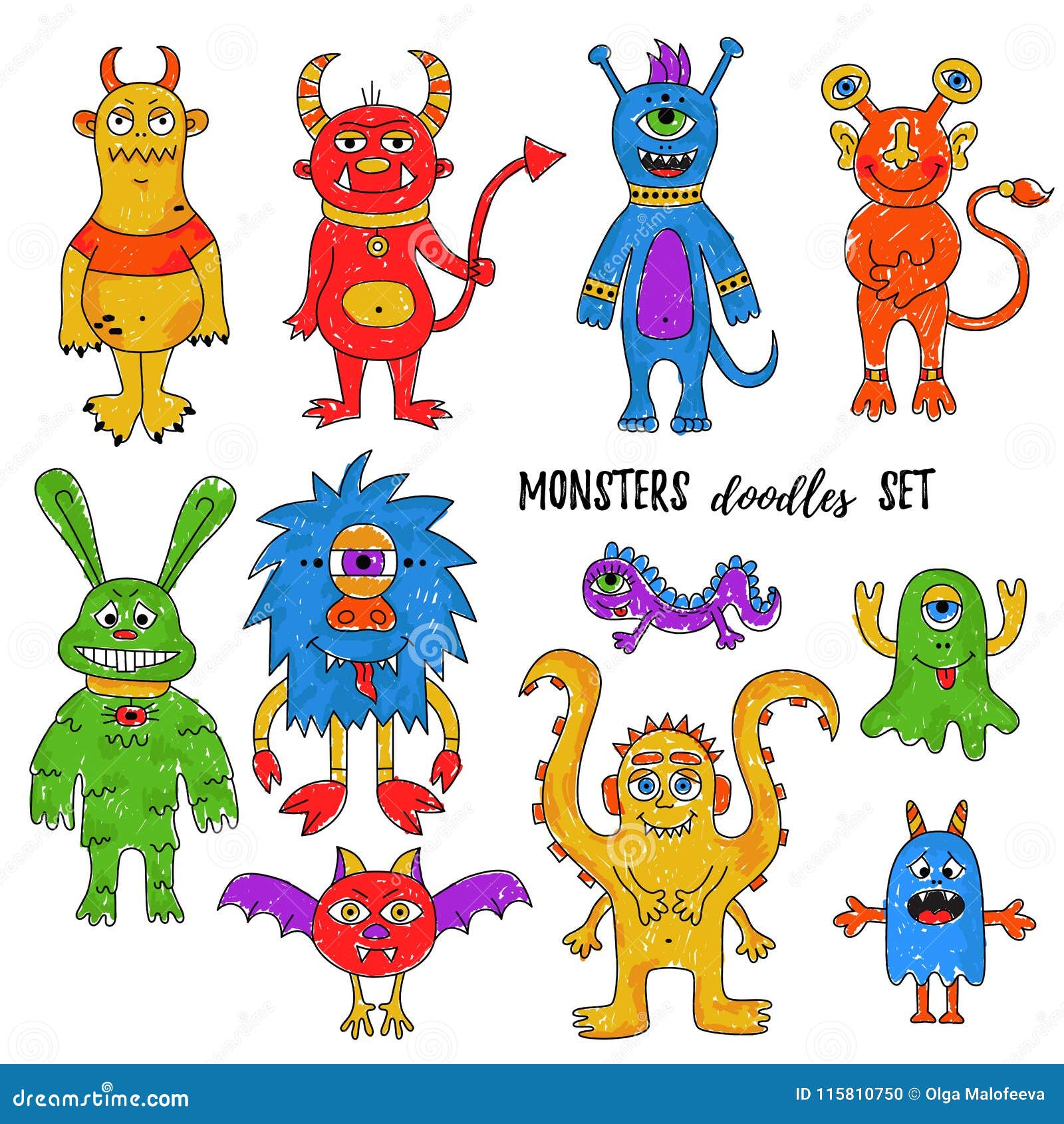 Sistema Dibujado Infantil Del Vector De Los Monstruos Ilustración del ...