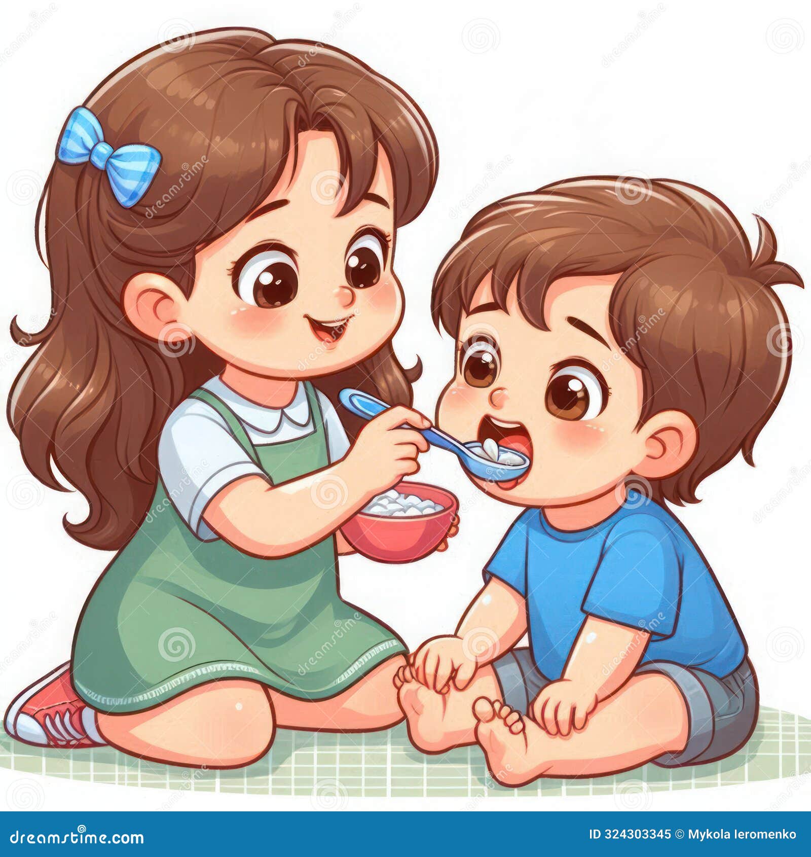 A Sister Feeds Her Younger Brother with a Spoon. Stock Image - Image of ...