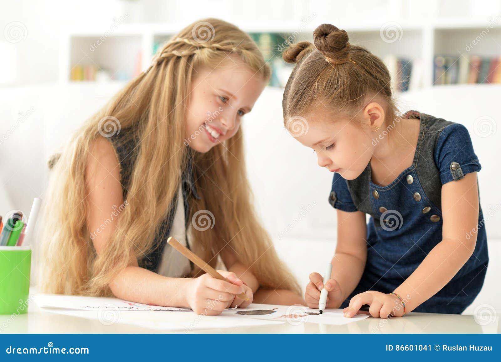 Sisters Drawing with Pencils Stock Image - Image of school, colorful ...