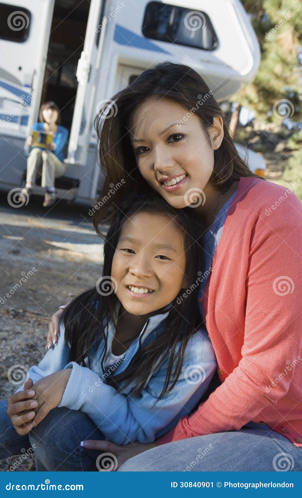 Sisters Sitting Outside RV in Campground Stock Image - Image of sister ...