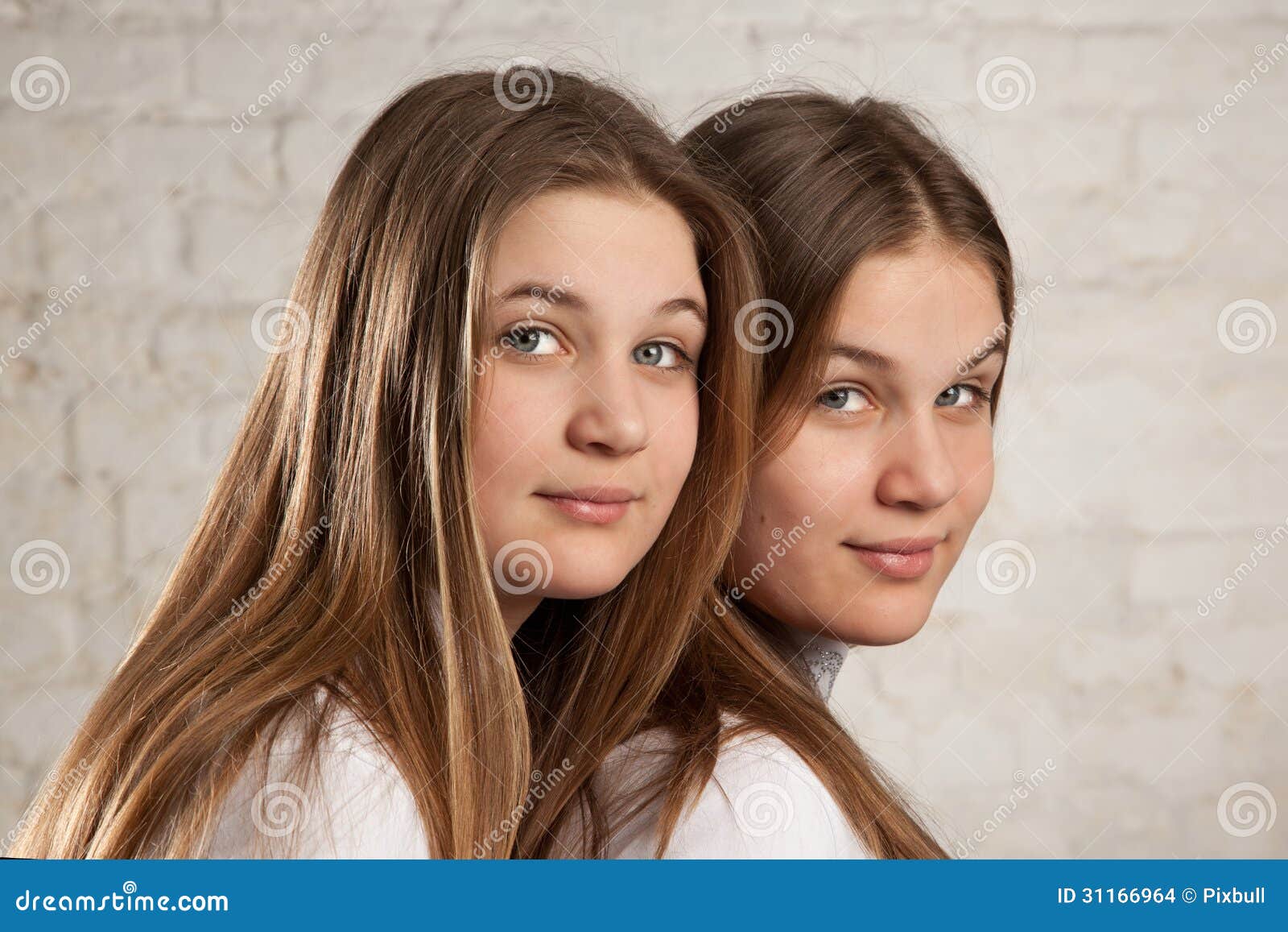 Sisters Twins Posing On Sunny Natural Landscape Stock Photo ...