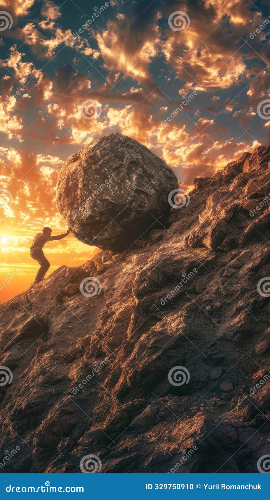 Man Pushing Big Boulder Uphill With Blue Sky. Concept Of Fatigue ...